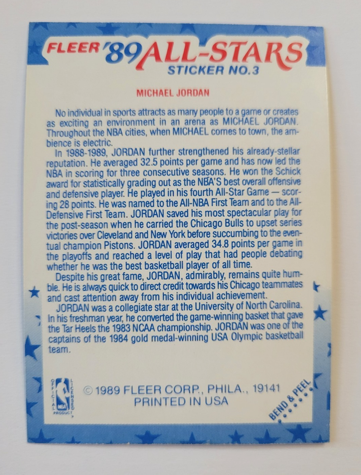 1989 Fleer Michael Jordan All-Star Sticker #3 Bulls HOF – Clean Sharp ...