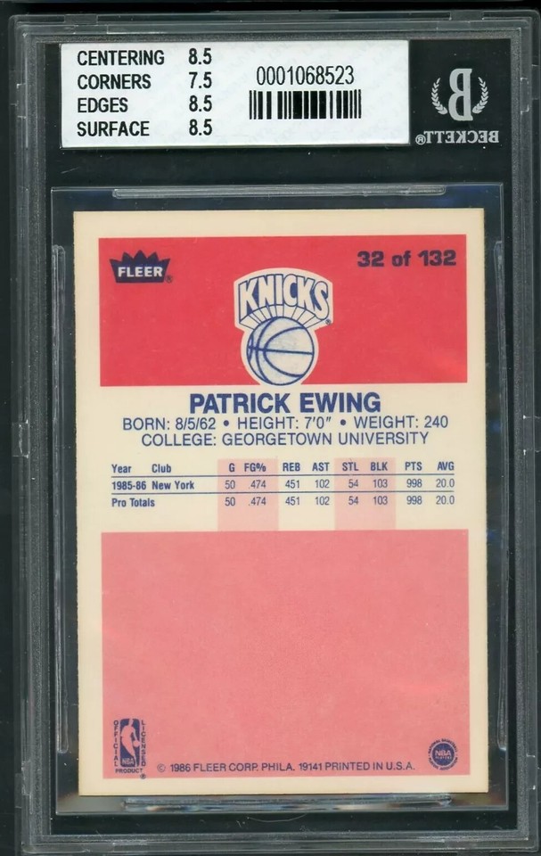 Patrick Ewing 1986 Fleer Rookie #32 ** BGS 8 ** High Subgrades / Well ...