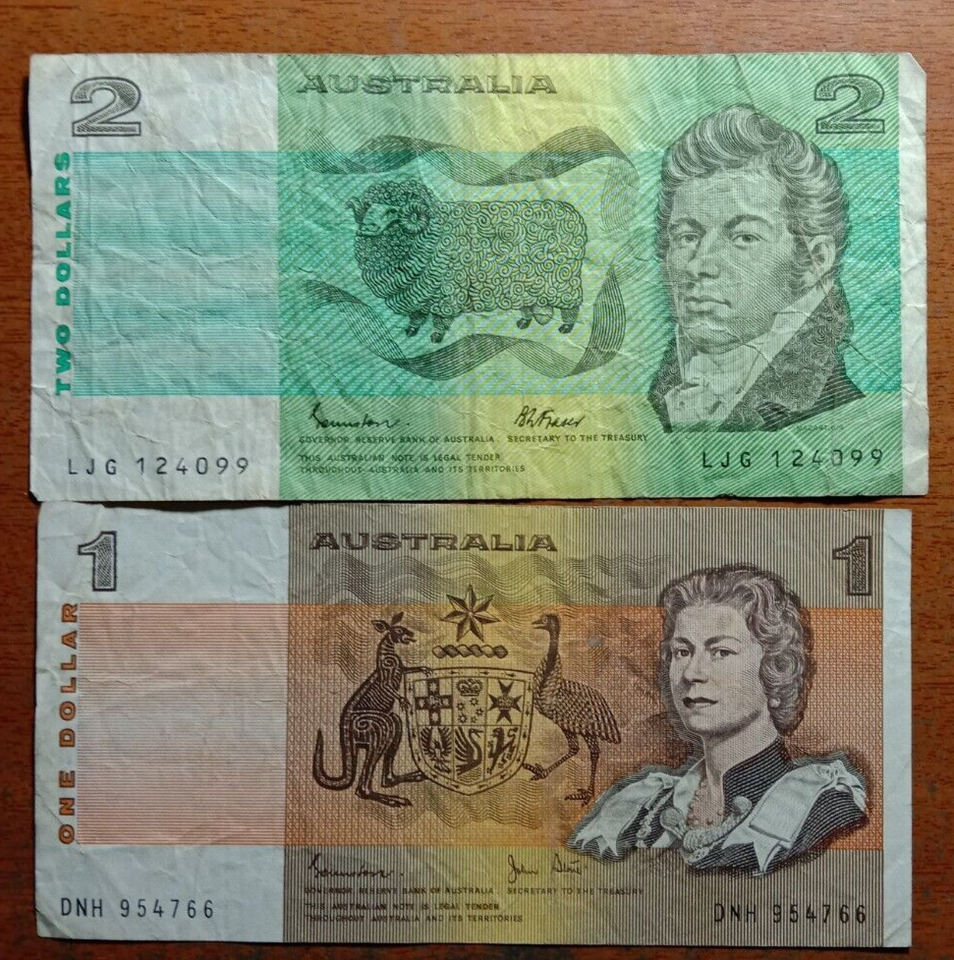$2 Johnston Fraser & 1 Dollar Johnston stone Paper Banknotes Australia ...