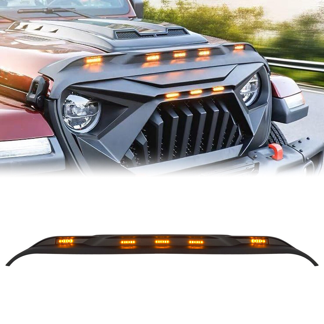 Front Hood Protector Stone Guard w/Amber Lights for 18-22 Jeep Wrangler ...