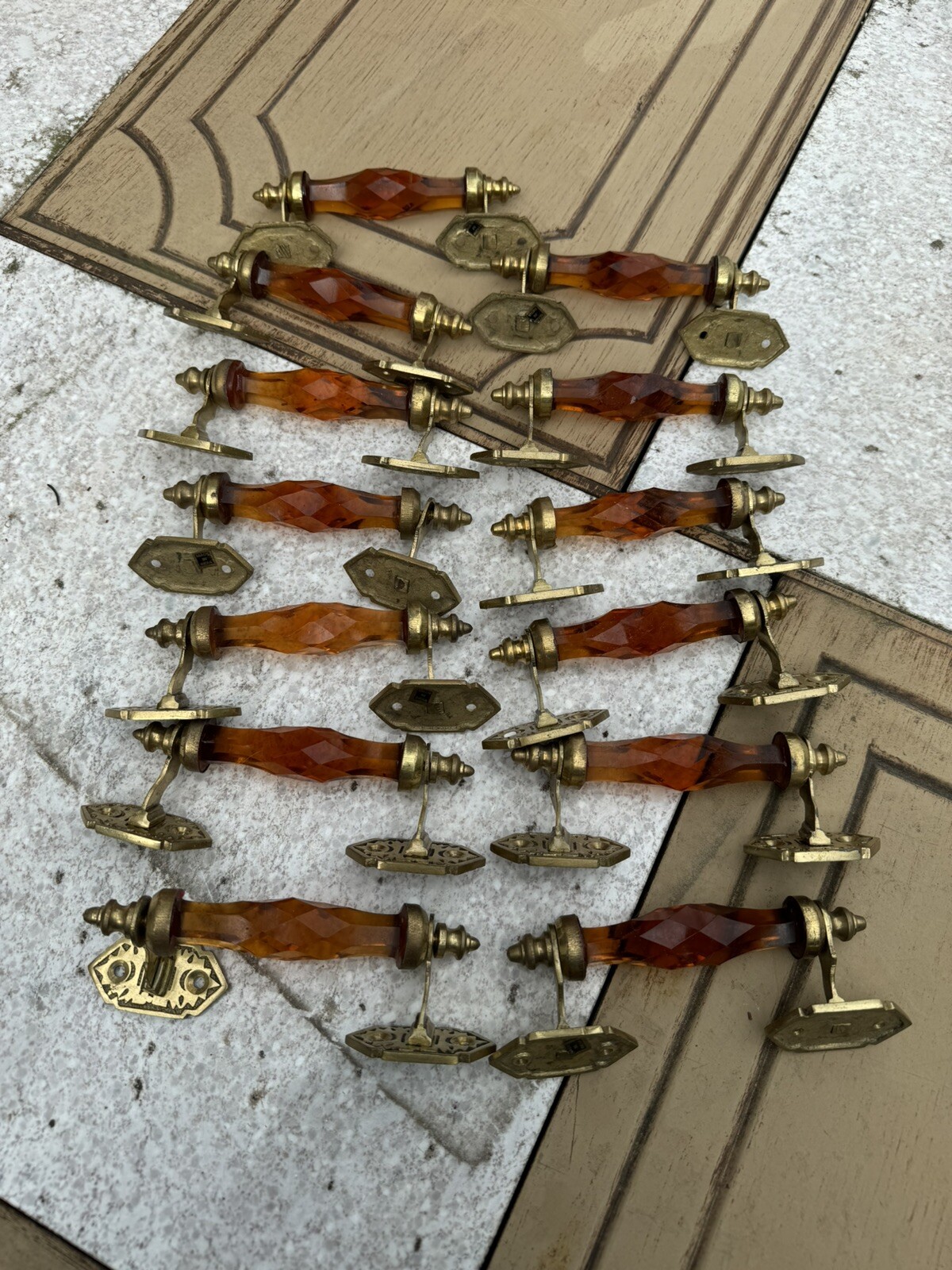 2 Pc Vtg Style Brass Amber Cut Glass Victorian Door Handle 6 Sets ...