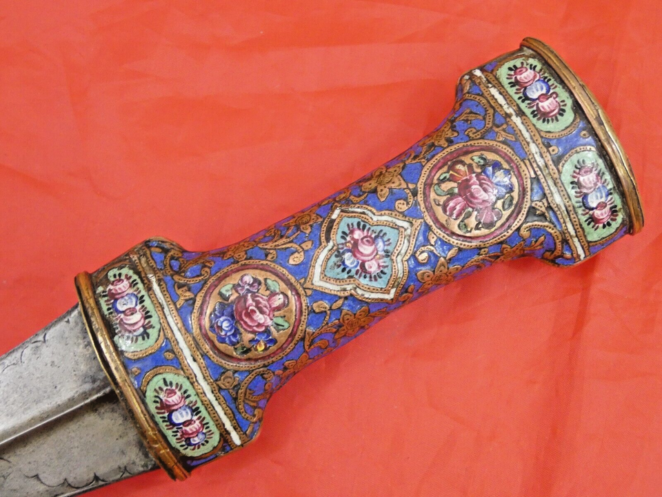 FINEST ANTIQUE PERSIAN ENAMEL KHANJAR DAGGER Damascus Wootz Steel SWORD ...