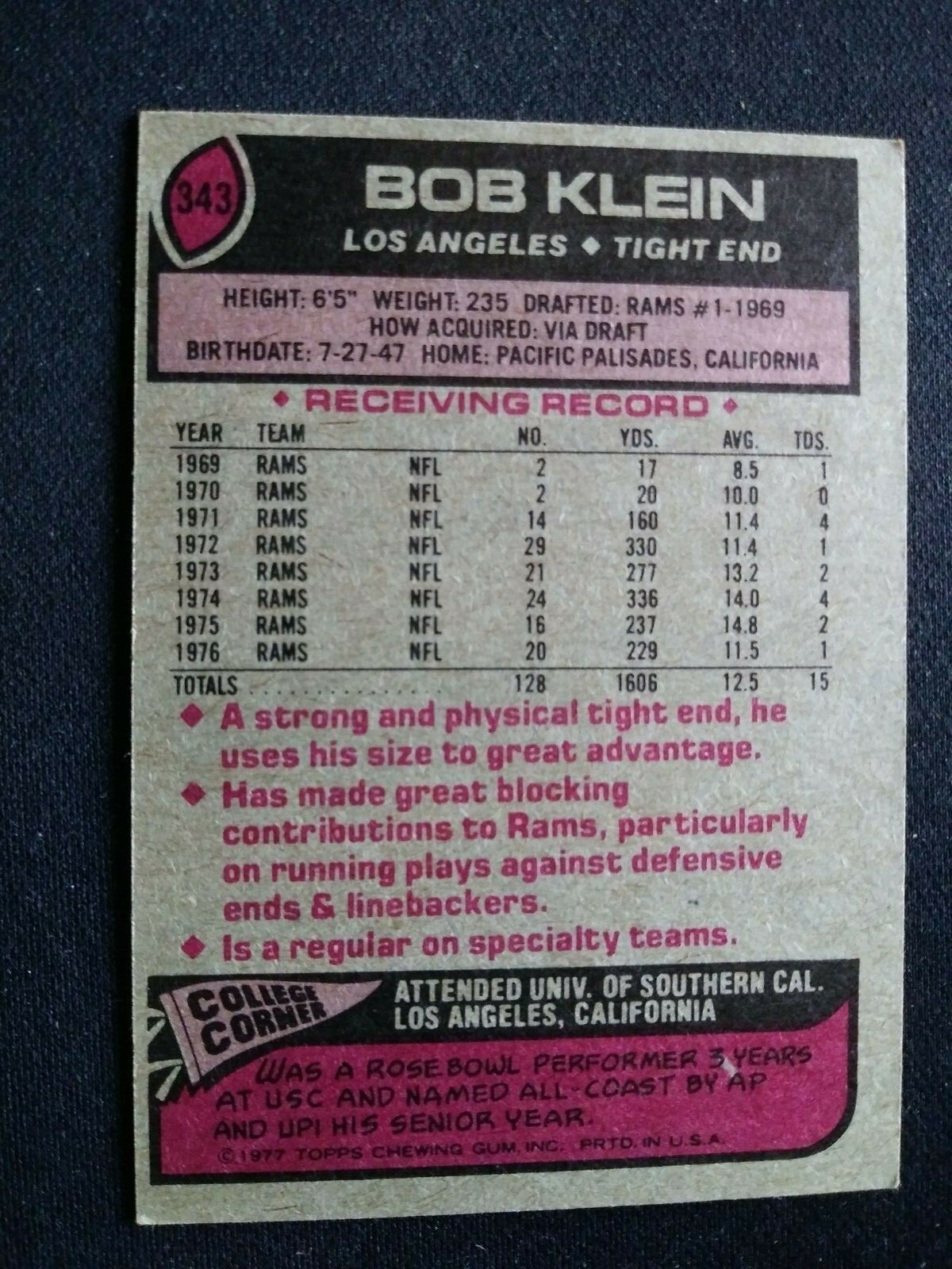 1977 Topps Football Card # 343 Bob Klein - Los Angeles Rams | eBay