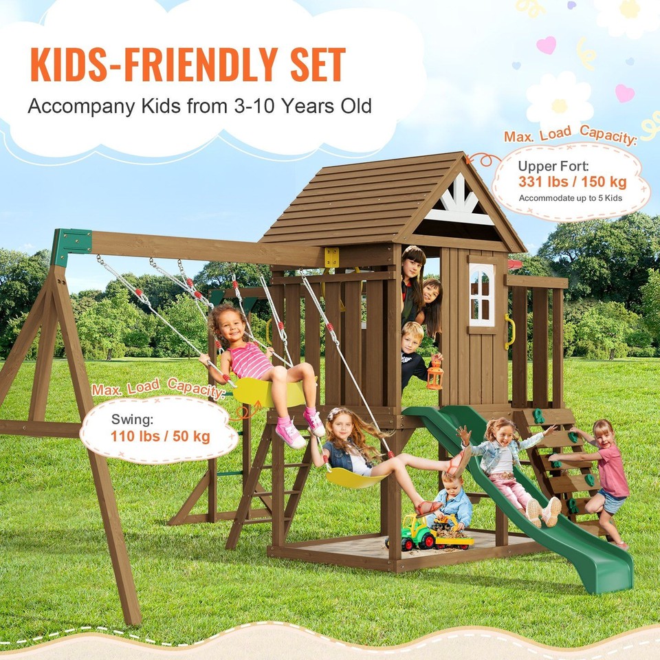 10-in-1 Cedar Swing Set: 2 Swings 6ft Slide Fort Sandbox Rock Wall ...