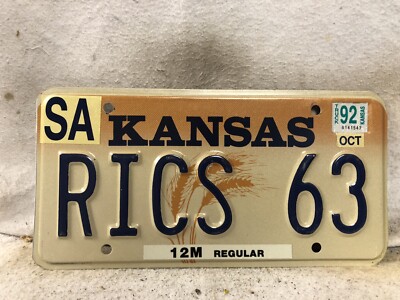1992 Kansas Vanity License Plate “RICS 63” | eBay