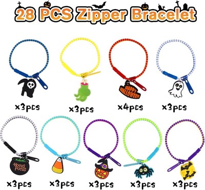 28PCS Halloween Zipper Bracelets Kids Halloween Party Favor Fidget ...