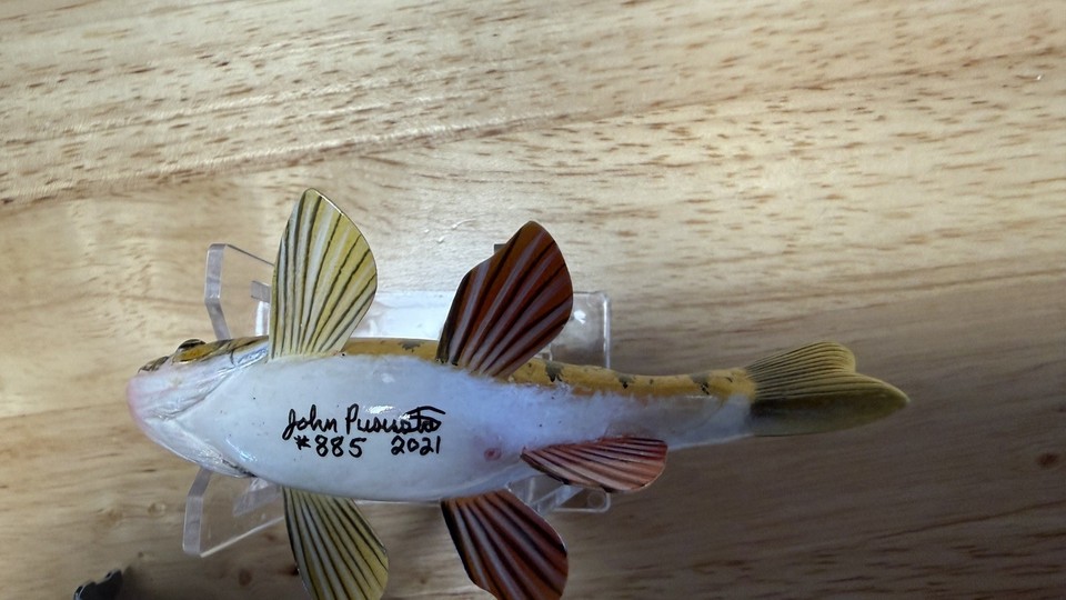 JOHN PUSUSTA MINI YELLOW PERCH ORIGINAL CARVED WOOD FISH DECOY/SPEARING ...