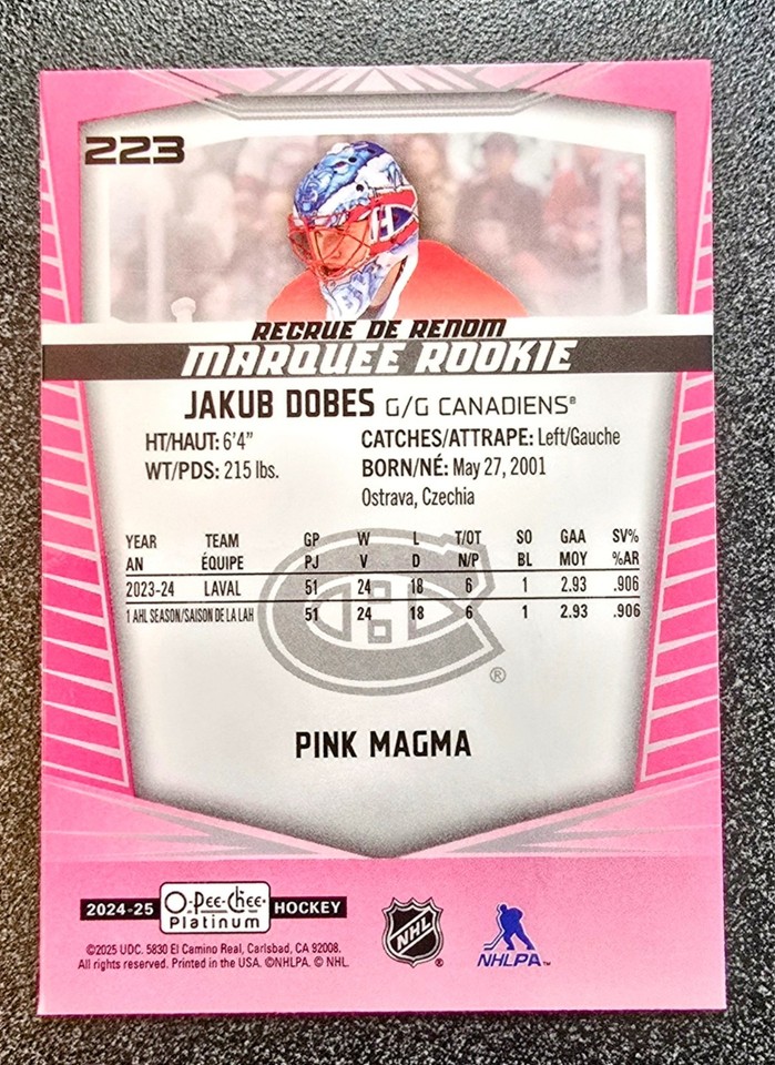 2024-25 JAKUB DOBES OPC PLATINUM PINK MAGMA+BASE MARQUEE ROOKIE #223 ...