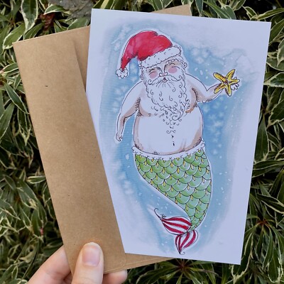 Mermaid Santa Merman Beachy Christmas Card Tropical Greeting Card | eBay