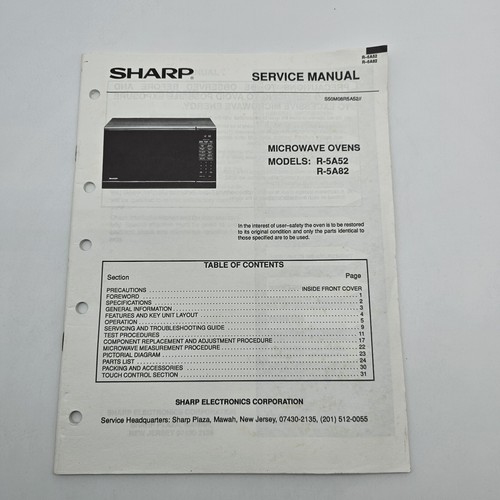 OEM Sharp Service Manual for Microwave Oven Models R-5A52 R-5A82 VTG ...