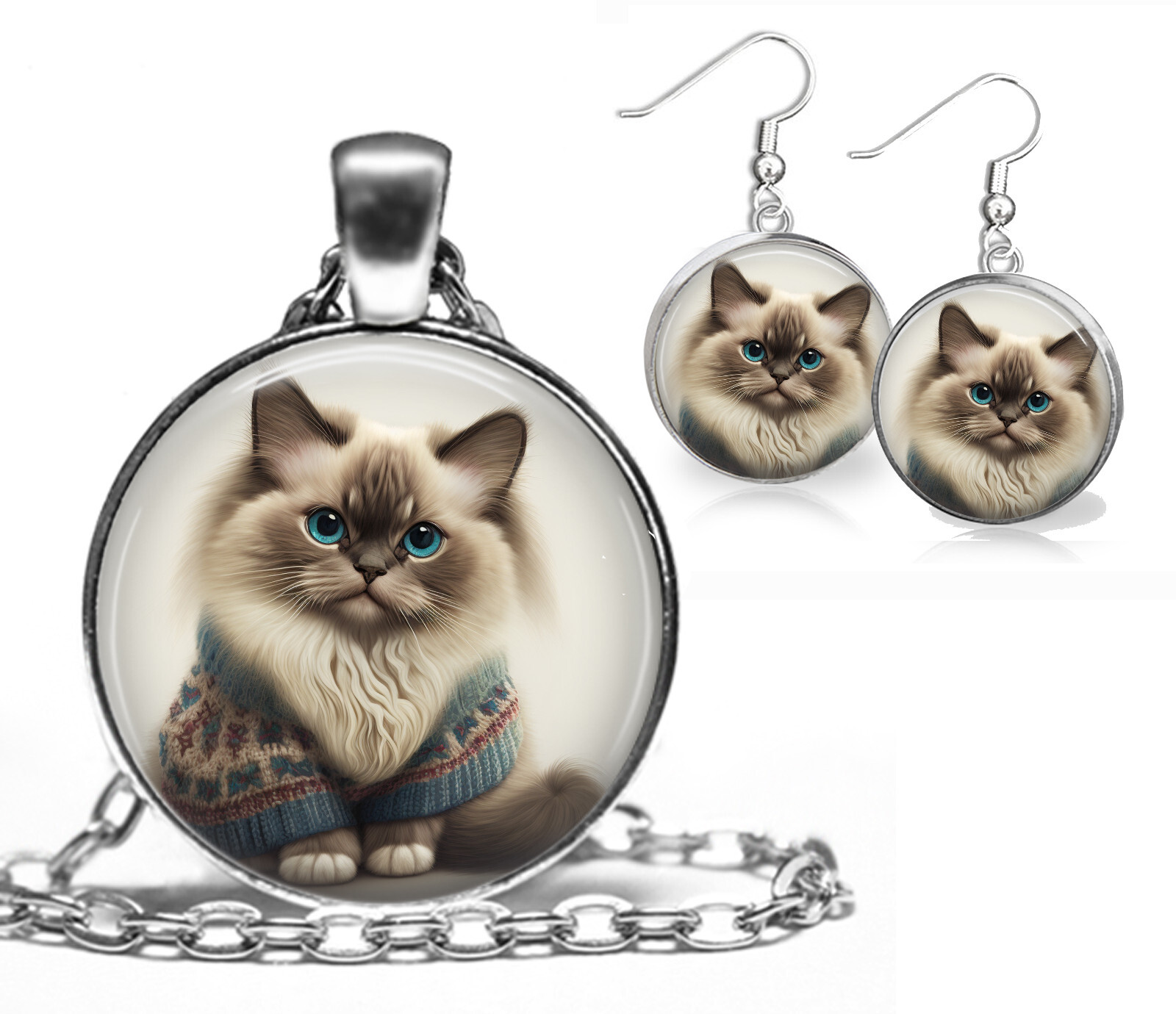 Ragdoll Kitty Cat Lover Gift Pendant Necklace & Dangle Earrings Set | eBay