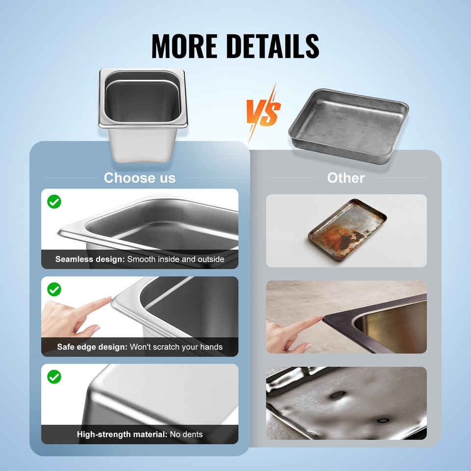 6 Pack 6" Deep Hotel Prep Pans Steam Table Pan 1/6 Size Stainless Steel ...