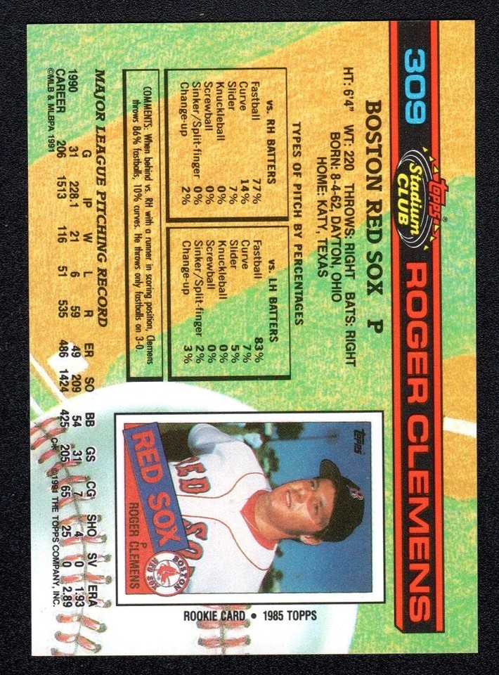 Roger Clemens Red Sox 1991 Topps Stadium Club #309 No Foil Error Near ...