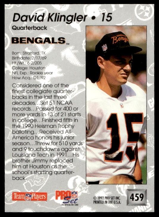 1992 Pro Set David Klingler #459 Cincinnati Bengals | eBay