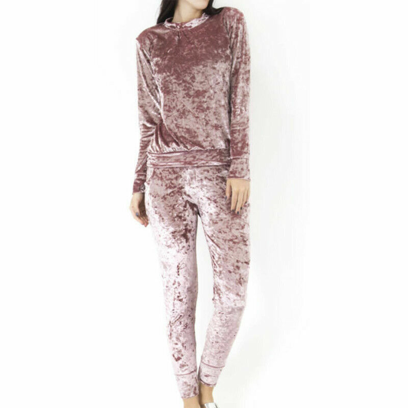 WOMENS LADIES VELVET VELOUR CRUSHED 2PCS JOGGING TOP LOUNGEWEAR ...
