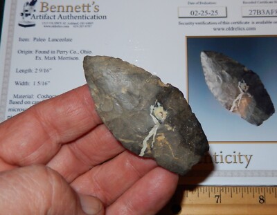 NICE OLD COSHOCTON FLINT PALEO STEMMED LANCEOLATE w/ JIM BENNETT COA ...