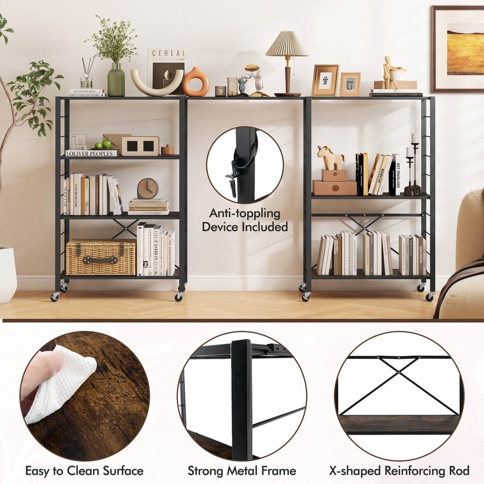 4-tier Rack Folding Storage Unit Shelf w/ Lockable Wheels Home Shelving ...