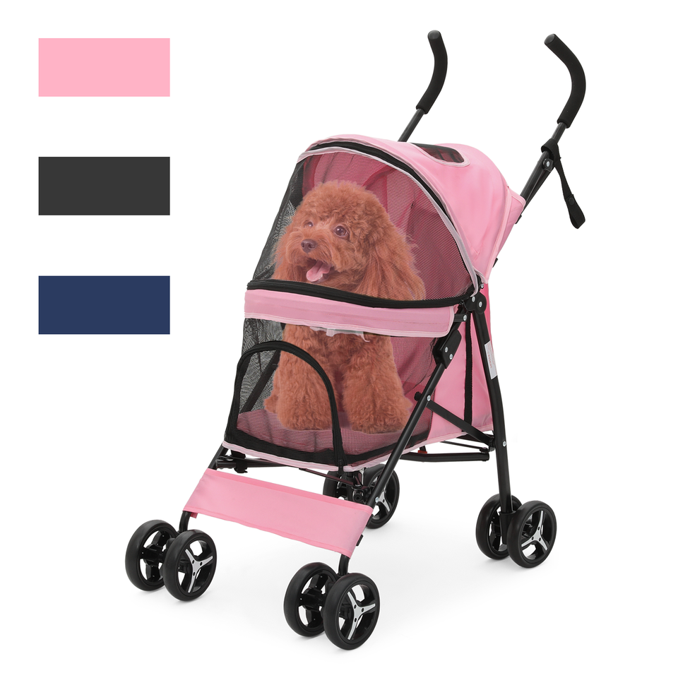 Foldable Pink Dog Stroller Adjustable Canopy Breathable Pet Travel ...
