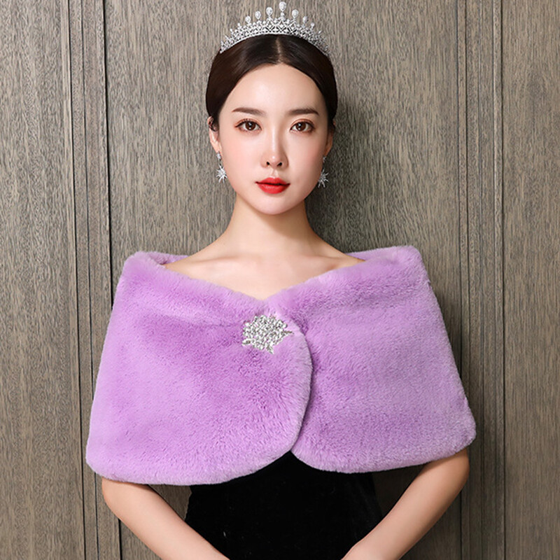 Lady Bride Faux Fur Shawl Wrap Rhinestone Cape Shrug Bolero Fluffy ...