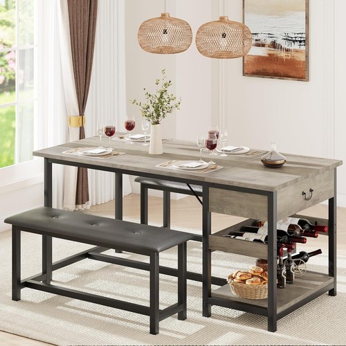 Dining Table Set for 4 Dinette Kitchen Table and 2 Benches, Drawers ...
