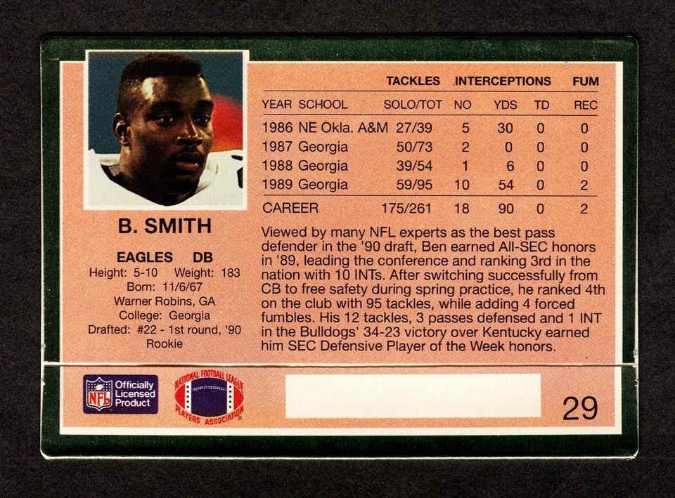 1990 ACTION PACKED RC #29 BEN SMITH - PHILADELPHIA EAGLES - ROOKIE CARD ...