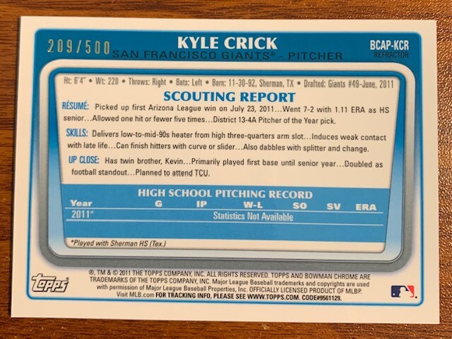 2011 Bowman Chrome Draft Ref. Autograph Kyle Crick/500 #BCAP-KCR SF ...