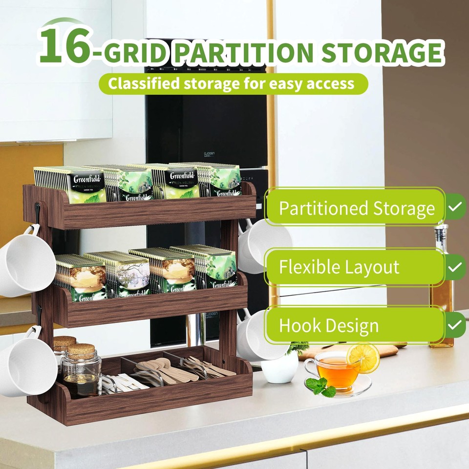3 Tier Tea Bag Organizer - Wall-Mounted Holder with Partitions, 4 Hooks ...