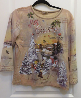 Studio Gem Q Embellished Merry Christmas 3/4 Sleeve Tee SIZE MEDIUM NWT ...