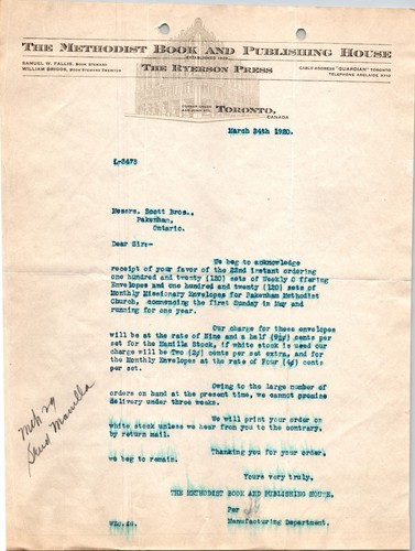 Methodist Publishing House Toronto Canada 1920 Letter Ryerson Press | eBay
