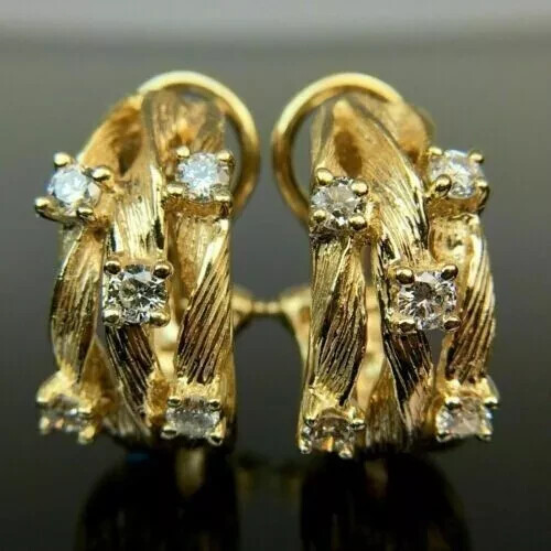 2Ct Round Real Moissanite Omega Back Huggie Hoop Earrings 14K Yellow ...