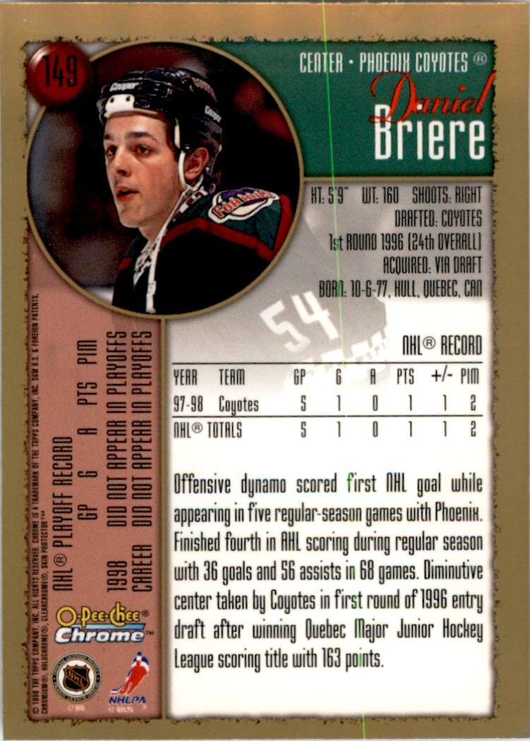 1998-99 O-PEE-CHEE CHROME DANIEL BRIERE PHOENIX COYOTES #149 | eBay