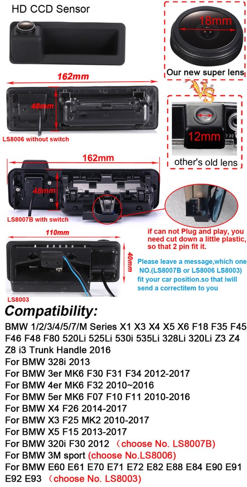 Car Rear View Camera for BMW E60 E61 E70 E71 E72 E82 E88 E84 E90 E91 ...