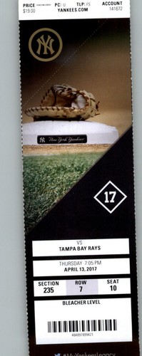 Tampa Bay Rays vs New York Yankees 4/13/2017 Full Ticket - Aaron Hicks ...