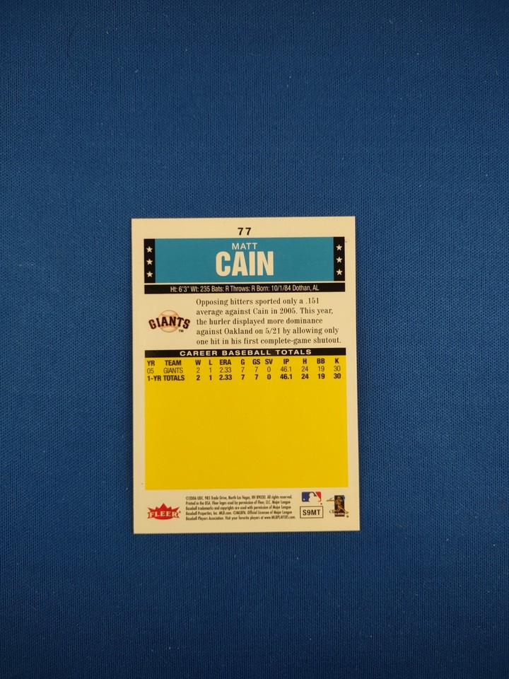 2006 Fleer Tradition Matt Cain RC Rookie Card #77 San Francisco Giants ...