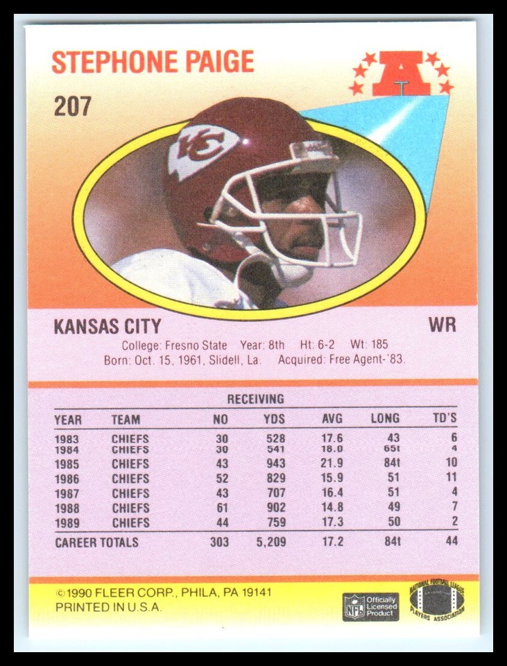 1990 Fleer #207 Stephone Paige MT-NRMT Football Card | eBay