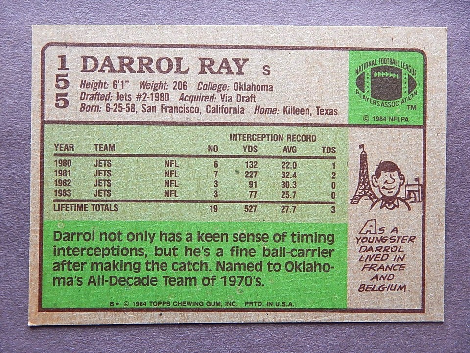 Darrol Ray #155 Topps 1984 Football Card (New York Jets) | eBay