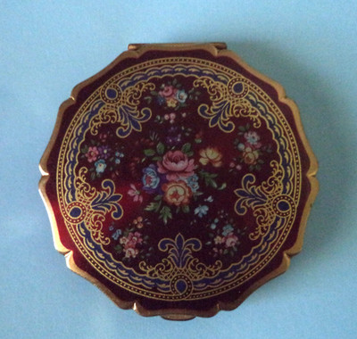 VTG STRATTON RED & GOLD FLORAL POWDER MIRROR & PUFF COMPACT CASE FROM ...