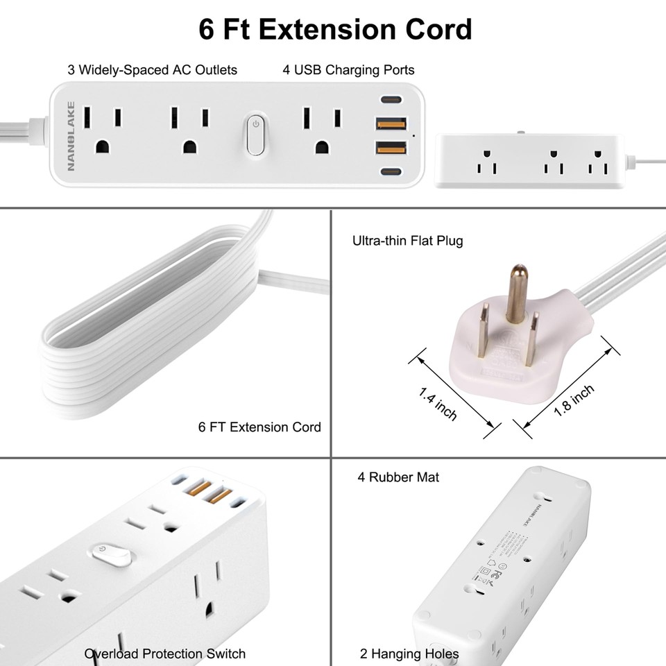 Power Strip Flat Extension Cord Outlet Extender With Smart Pd20w Flat ...