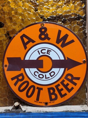 VINTAGE A&W ROOT BEER PORCELAIN SIGN ICE COLD SODA SOFT DRINK SERVED ...