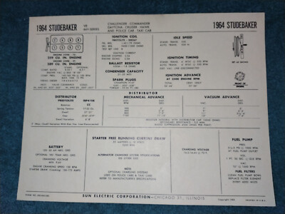 1964 STUDEBAKER 259 & 289 V-8 ENGINE SUN TUNE-UP CHART / USEFUL ITEM | eBay