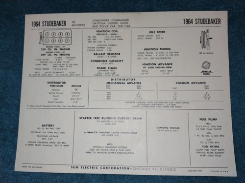 1964 STUDEBAKER 259 & 289 V-8 ENGINE SUN TUNE-UP CHART / USEFUL ITEM | eBay