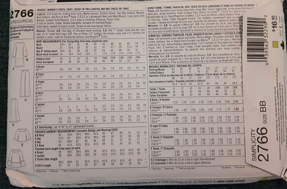 Simplicity Sewing Pattern 2766 Misses' Pants Skirt Jacket Dress Tunic ...