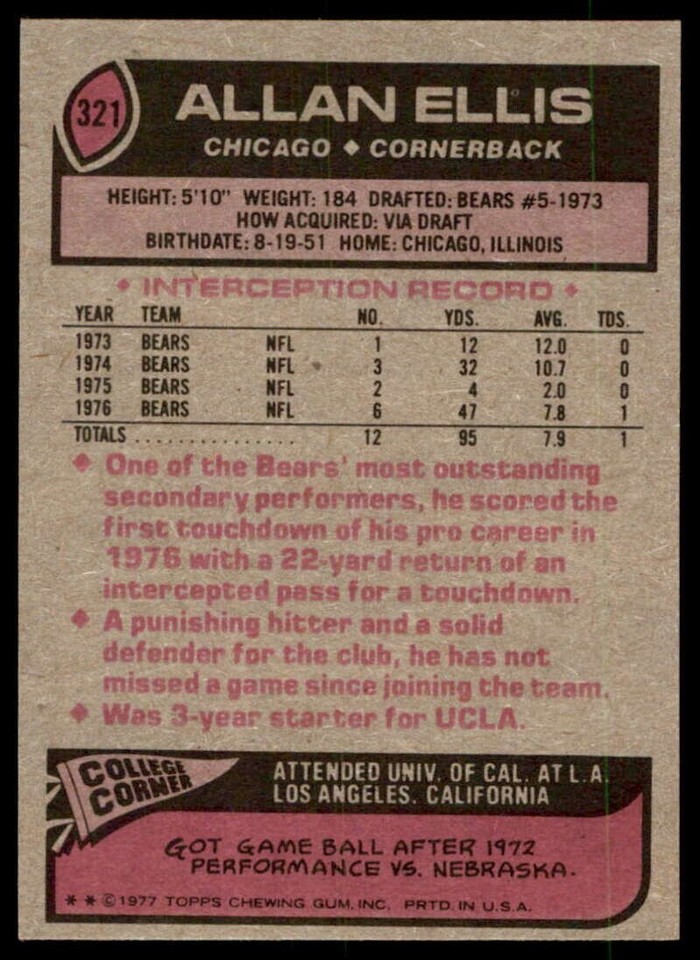 1977 TOPPS Football Vintage Trading Card #321 😎 ALLAN ELLIS, Chicago ...