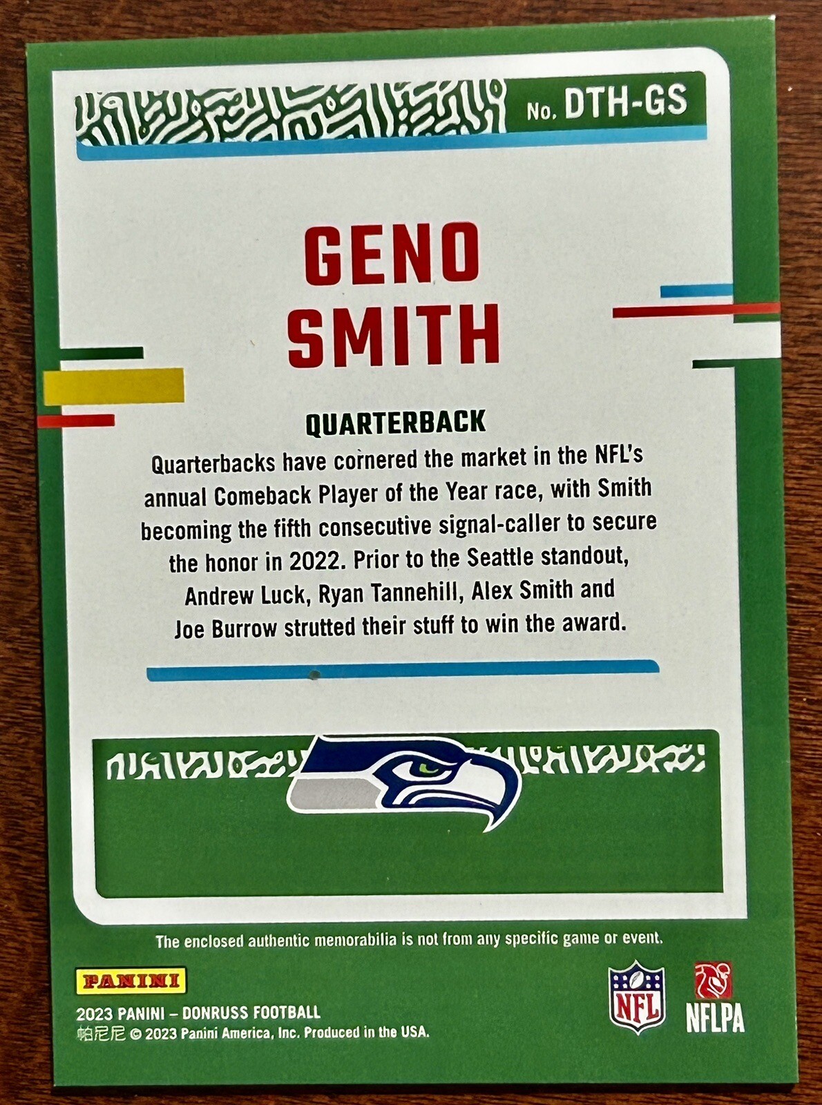 2023 Donruss Football Geno Smith Patch Mem Card DTH-GS - Seattle ...