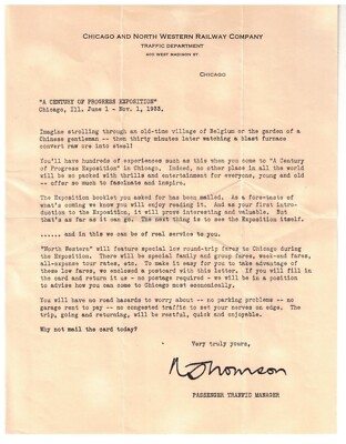 Letter C&NW RR COP 1933 Chicago's Worlds Fair | eBay