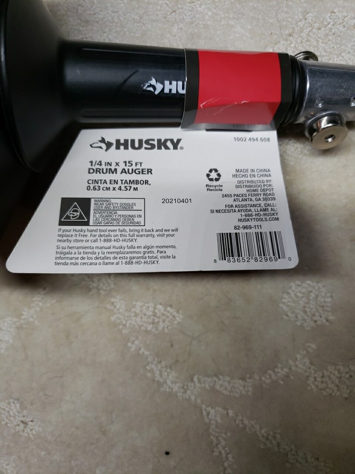 Husky Drum Auger Snake Drain Toilet Cleaner Clog Drains Tool 1/4 in. x ...