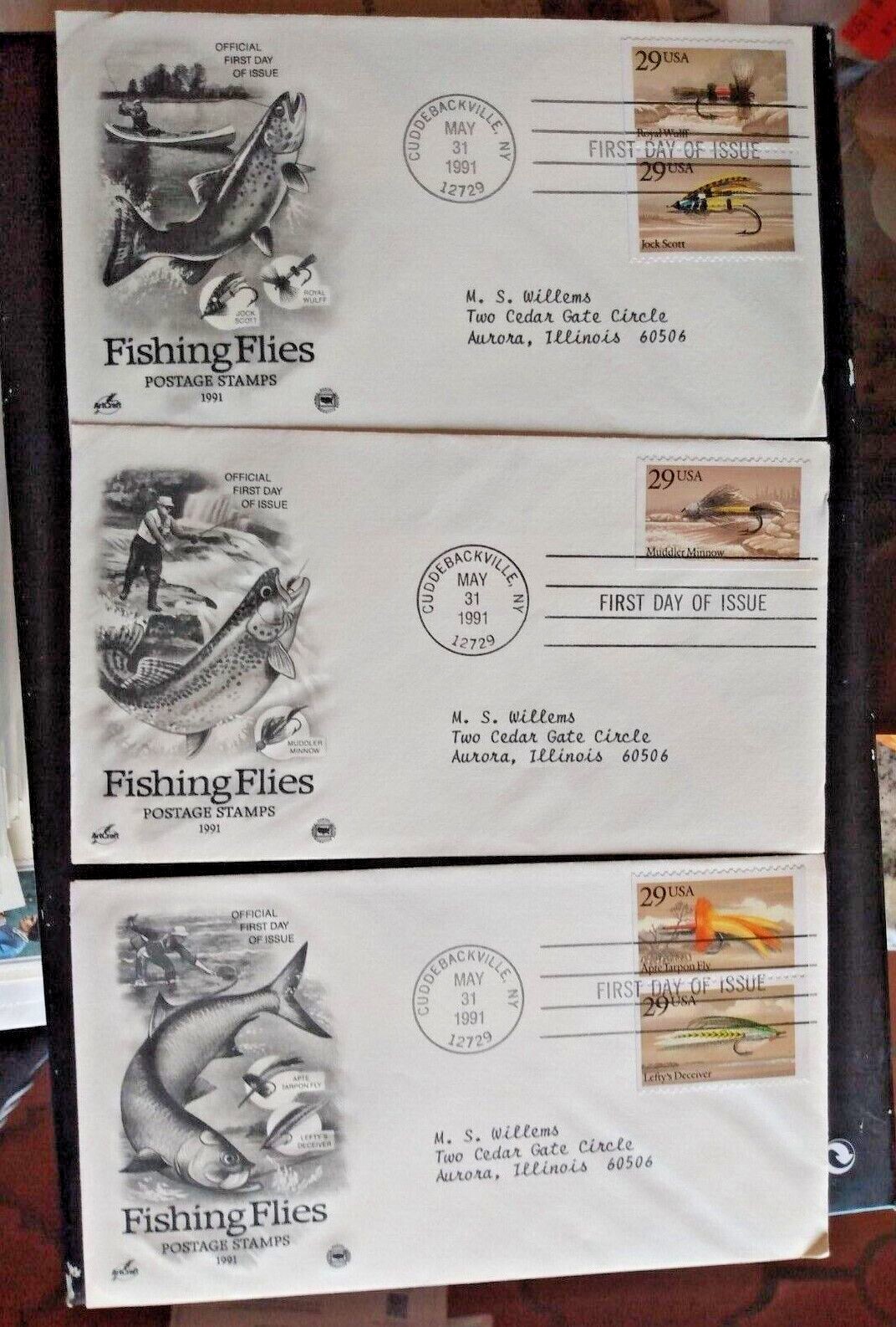 FISHING FLIES COMPLETE SET 5 STAMPS 3 1991 PCS CACHET FDCS MINNOW SCOTT ...