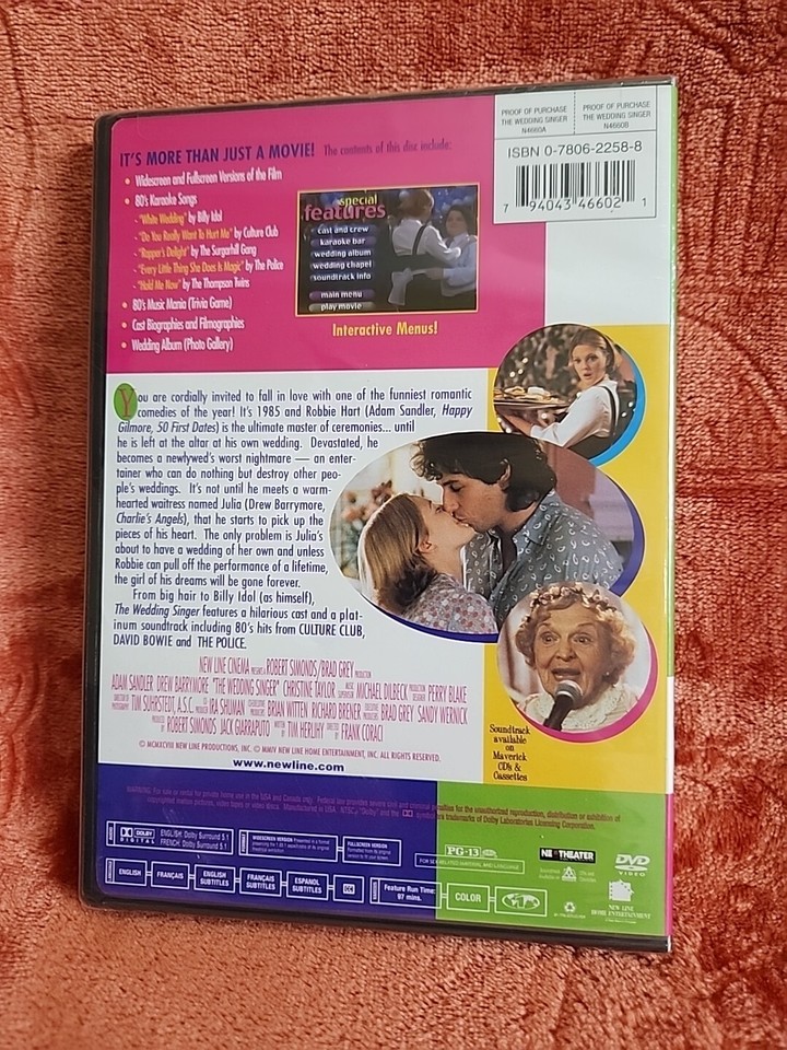 The Wedding Singer (DVD 1998) Widescreen Adam Sandler Drew Barrymore ...