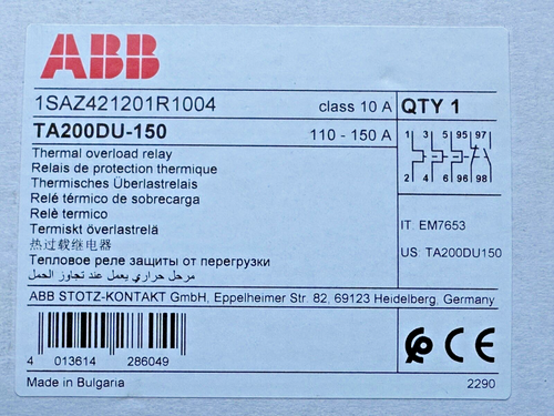 NEW ABB TA200DU-150 Thermal Overload Relay 110-150A, 3 Pole, 1NC-1NO | eBay