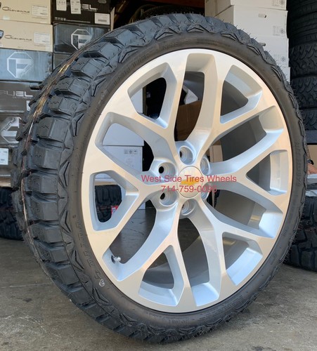 24” SNOWFLAKE SILVER WHEELS SIERRA YUKON RIMS SILVERADO TAHOE 33” MT ...